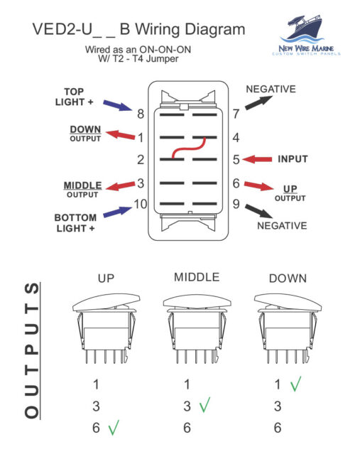 Rocker Switch | VED2UEEB | ON-ON-ON | SPTT | Green LEDs